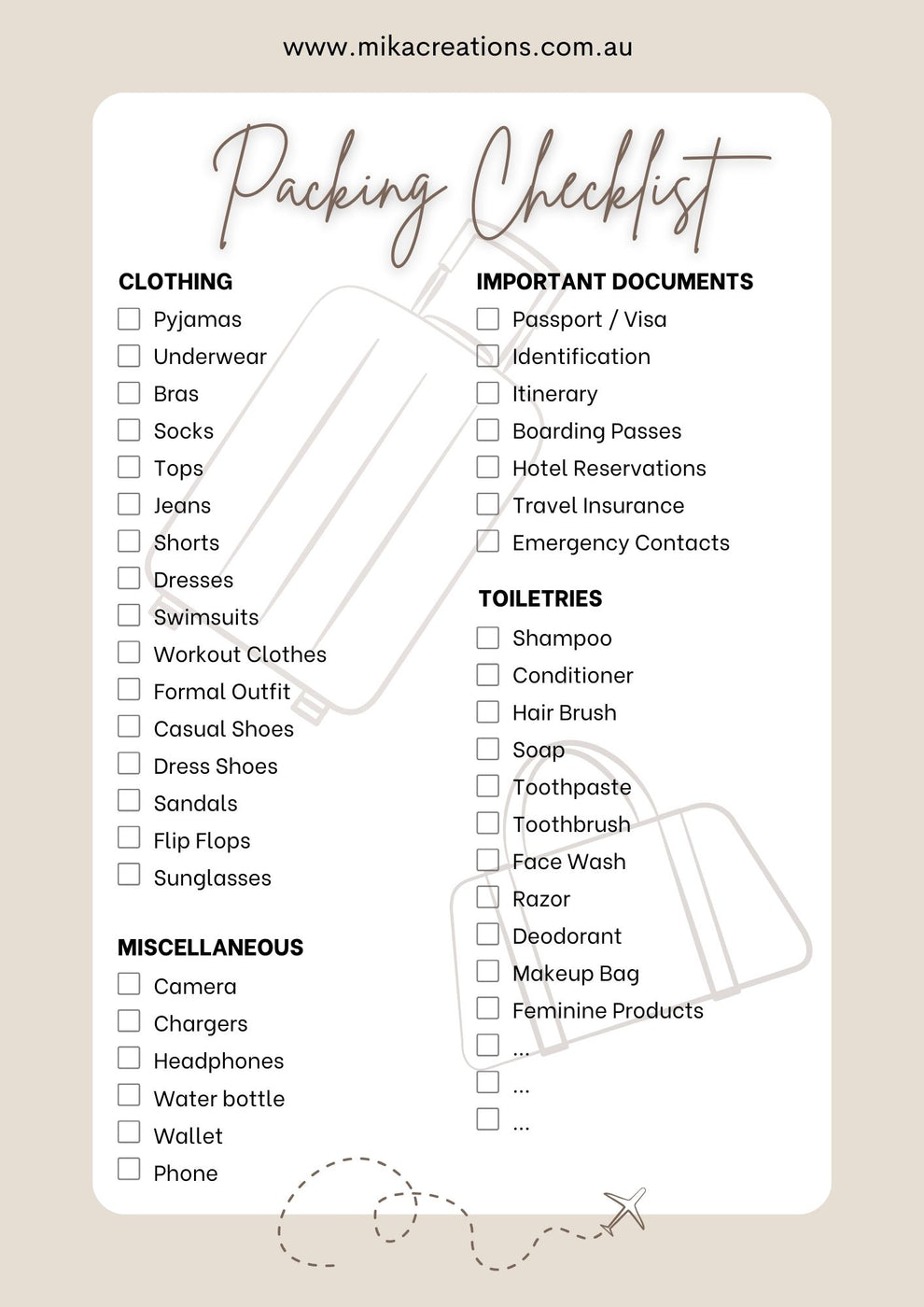 Free A4 travel checklist - by mika creations – Mika creations